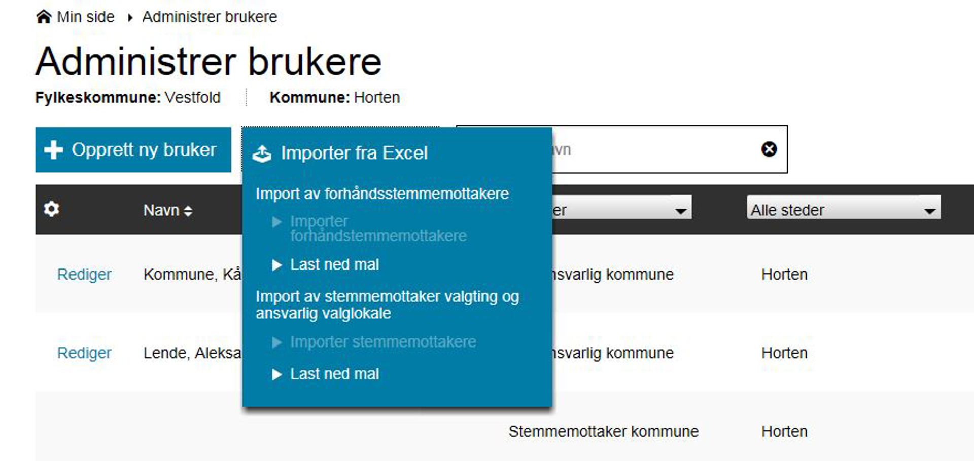 Grunnlagsdata og administrer brukere - Valgmedarbeiderportalen